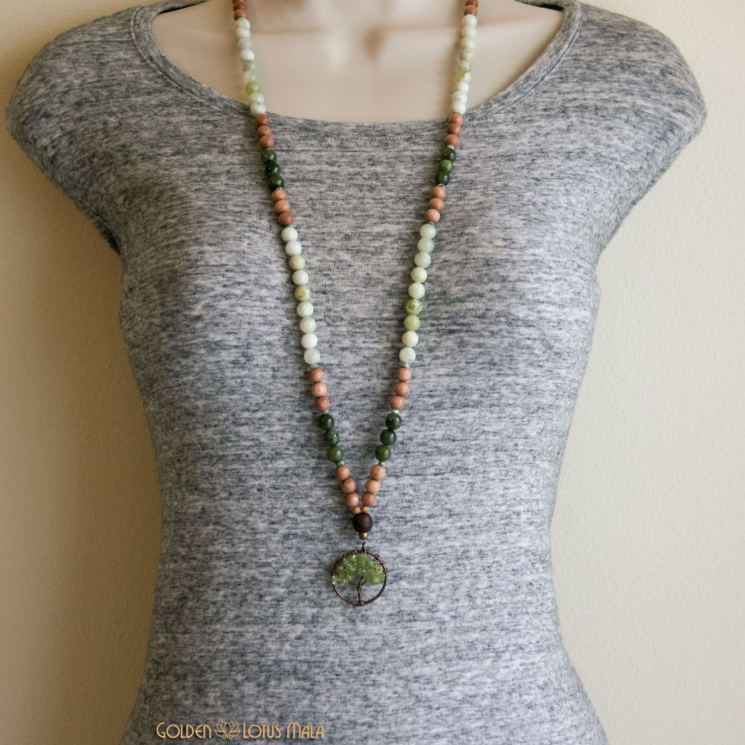 Tree of Abundance Mala Beads Necklace - Rosewood with Peridot & Jade ...